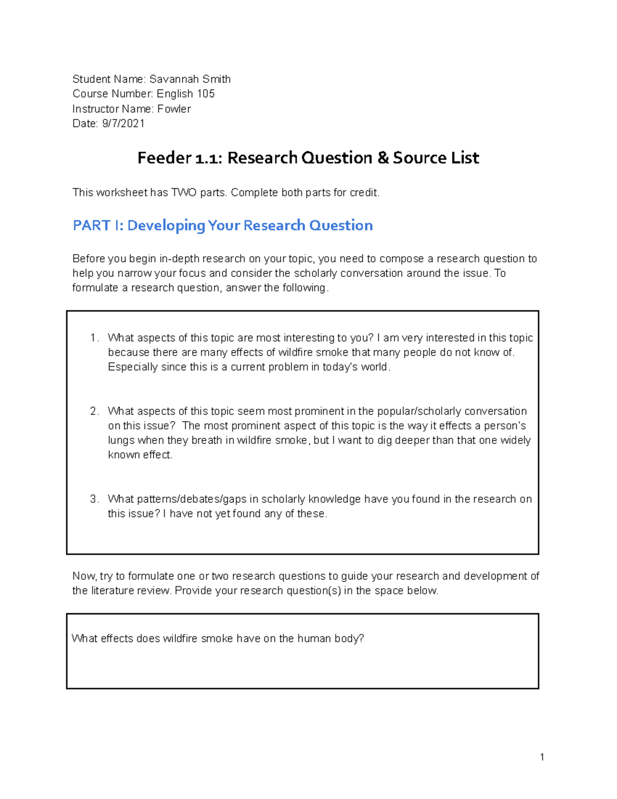 Feeder 1.1 English 105 UNC - Student Name: Savannah Smith Course Number ...