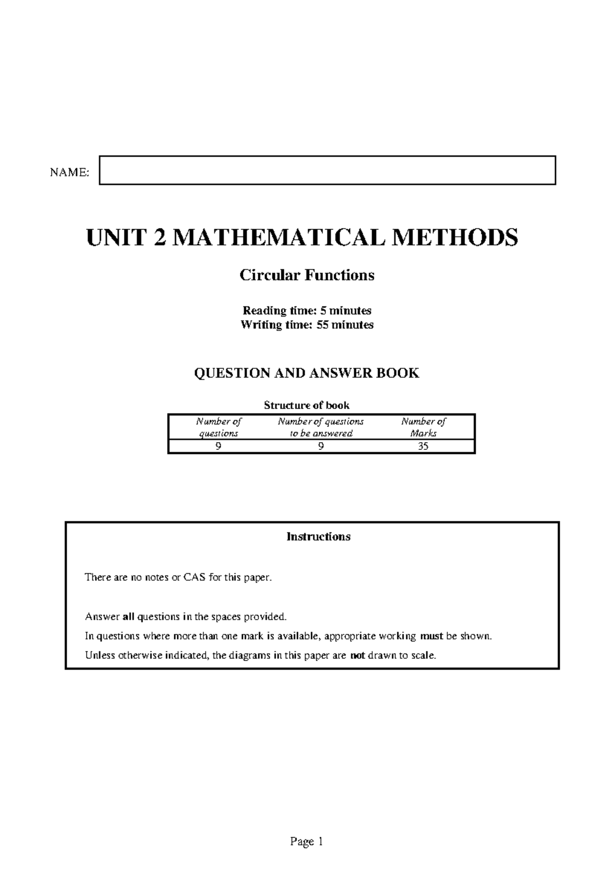Circular Functions - practice SAC - NAME: UNIT 2 MATHEMATICAL METHODS Circular Functions Reading ...