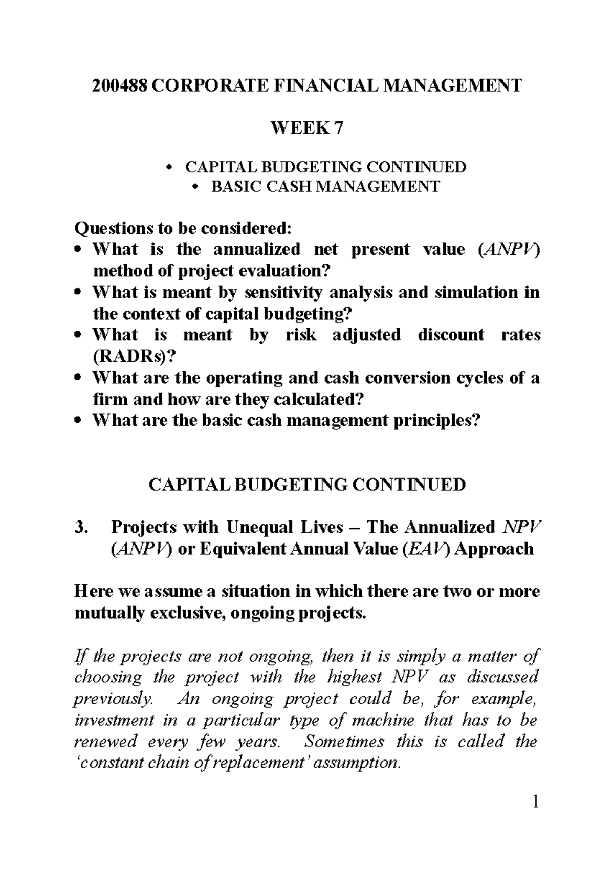 Workshop 7 cap budget continued and Basic cash mang - 200488 CORPORATE ...