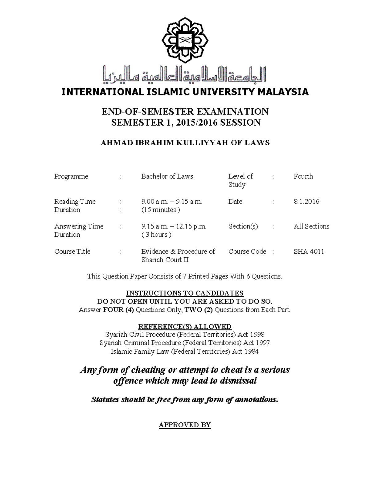 Final Year Sample Examination Paper Semester 1 2015/2016 ...