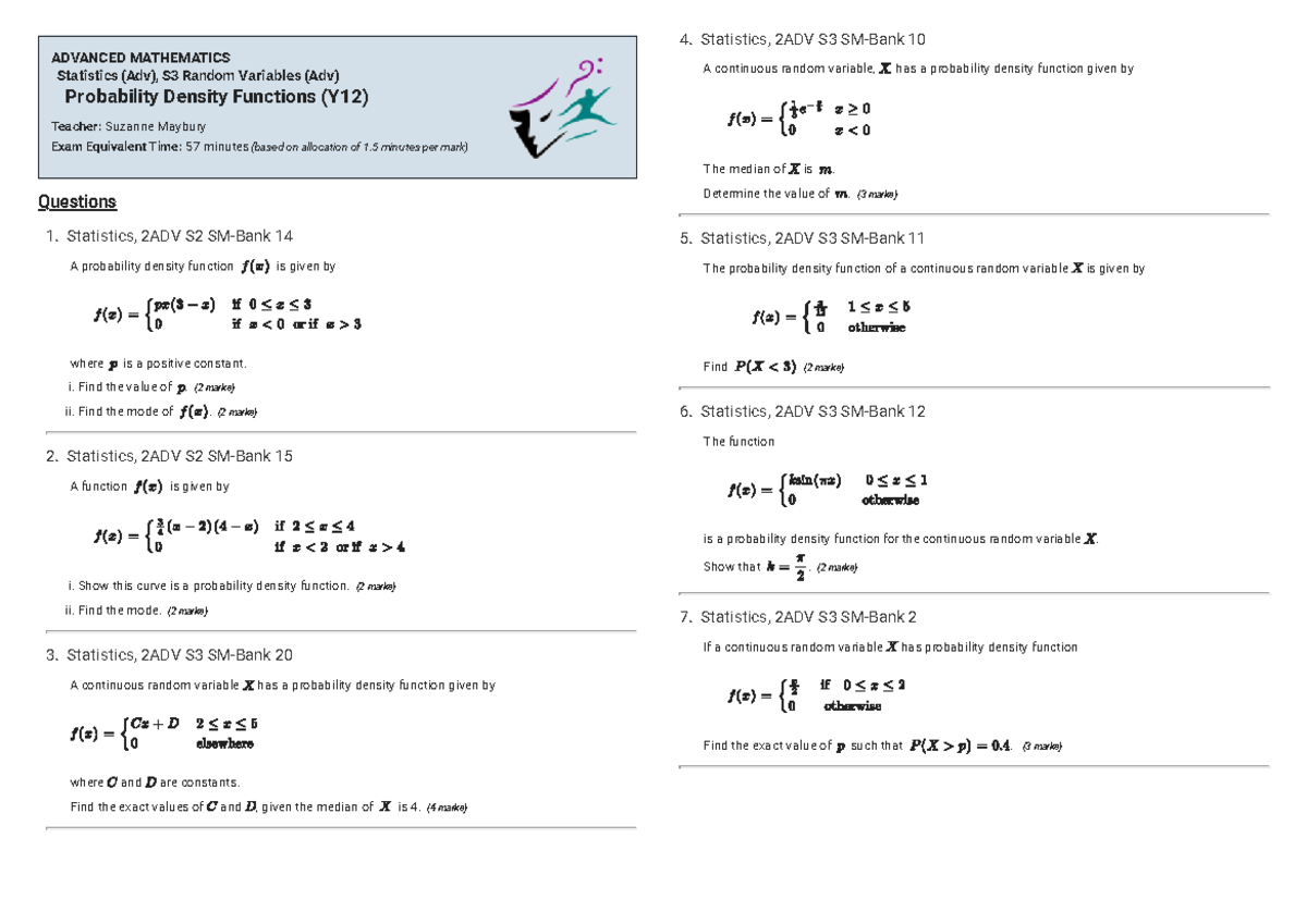 HSC Advanced Portfolio Continuous Random Variables - 1. Statistics, 2ADV S2 SM-Bank 14 2. - Studocu