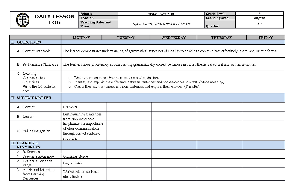 DLL English - ffhh - DAILY LESSON LOG School: NINEVEH ACADEMY Grade ...
