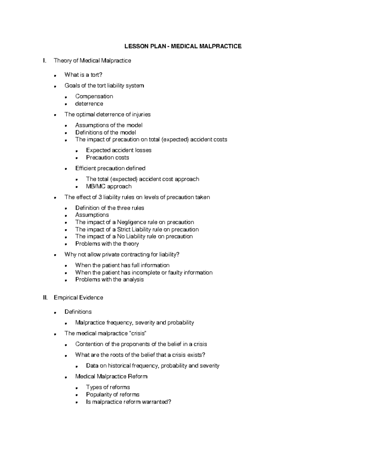 LESSON PLAN - MEDICAL MALPRACTICE - Theory of Medical Malpractice ...