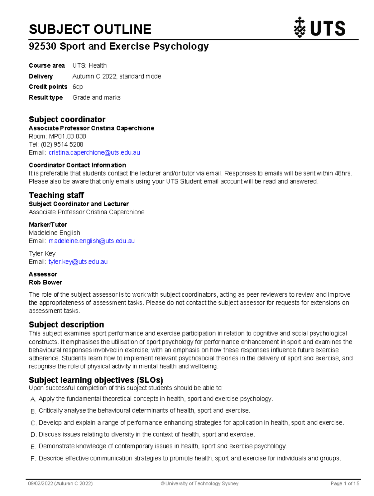 Subject-outline - outline good stuff - SUBJECT OUTLINE 92530 Sport and ...