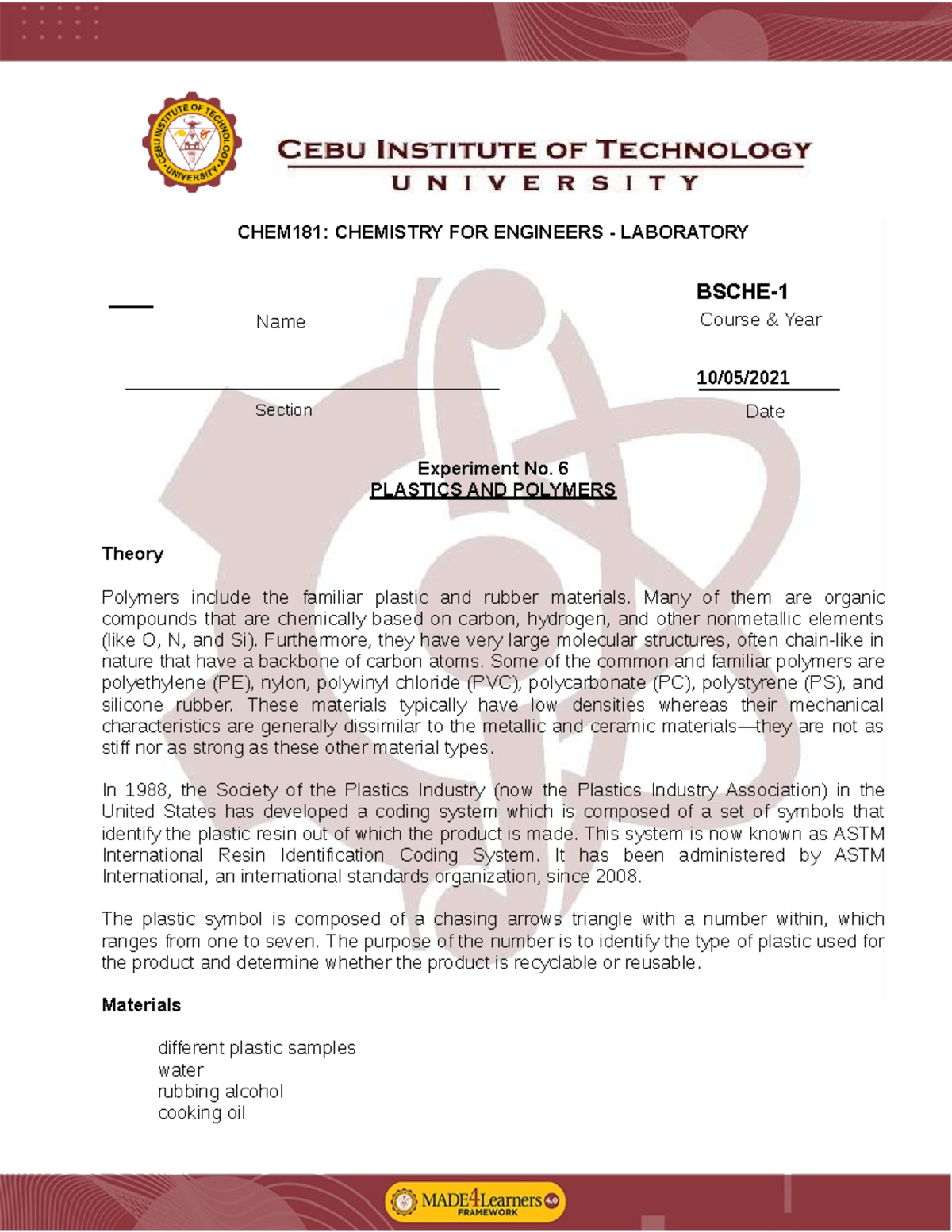 CHEM181 P6 E6 Lirazan - CHEM181: CHEMISTRY FOR ENGINEERS - LABORATORY ...