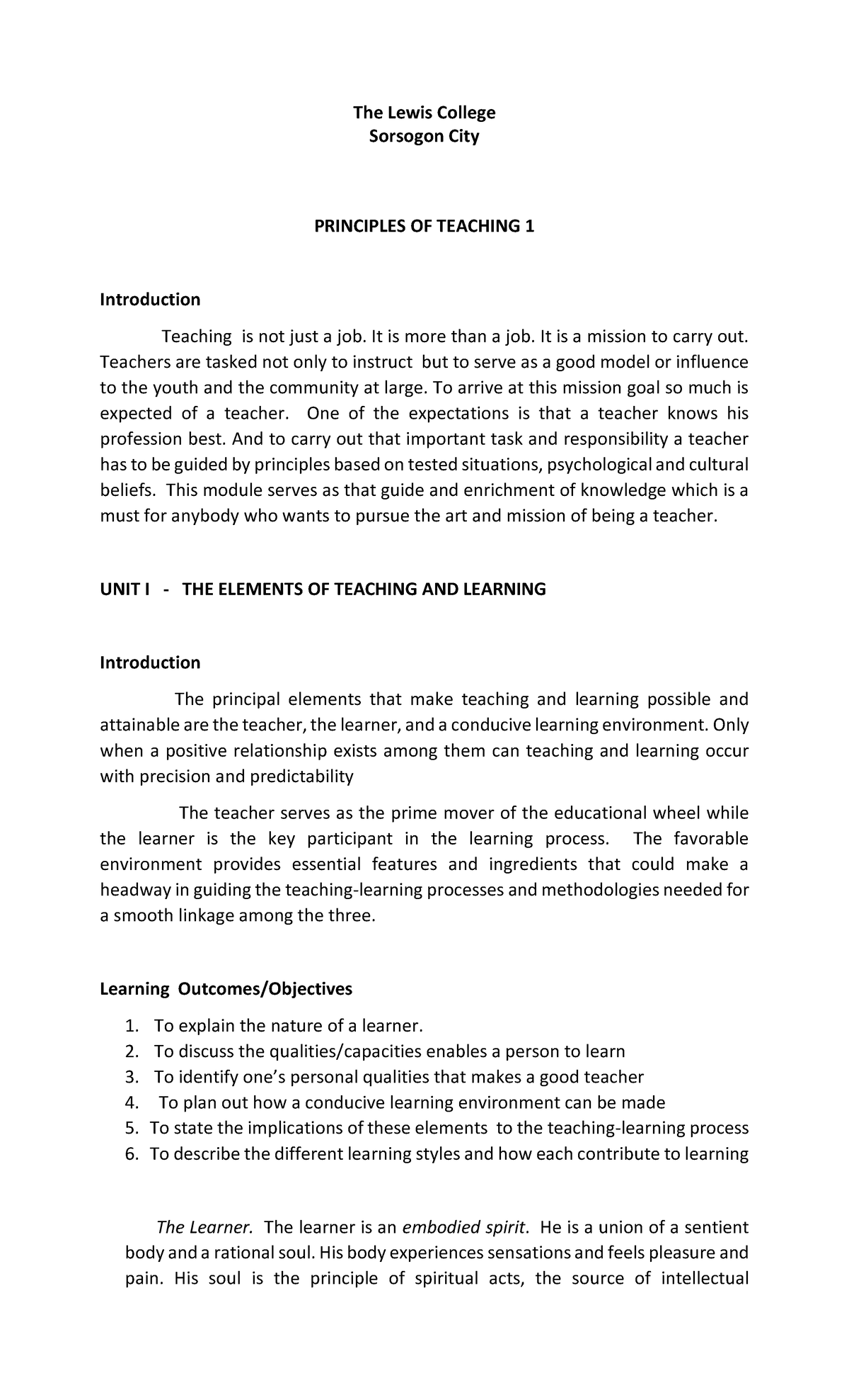 Principles of Teaching 1 - The Lewis College Sorsogon City PRINCIPLES ...