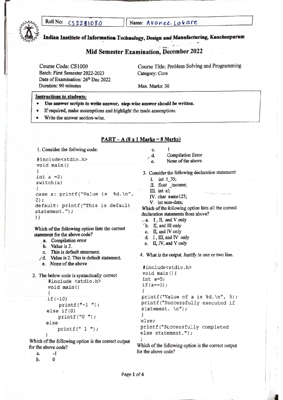 QP - question papers of iiitdm kancheepuram - Roll No: CS22B1080 Name ...