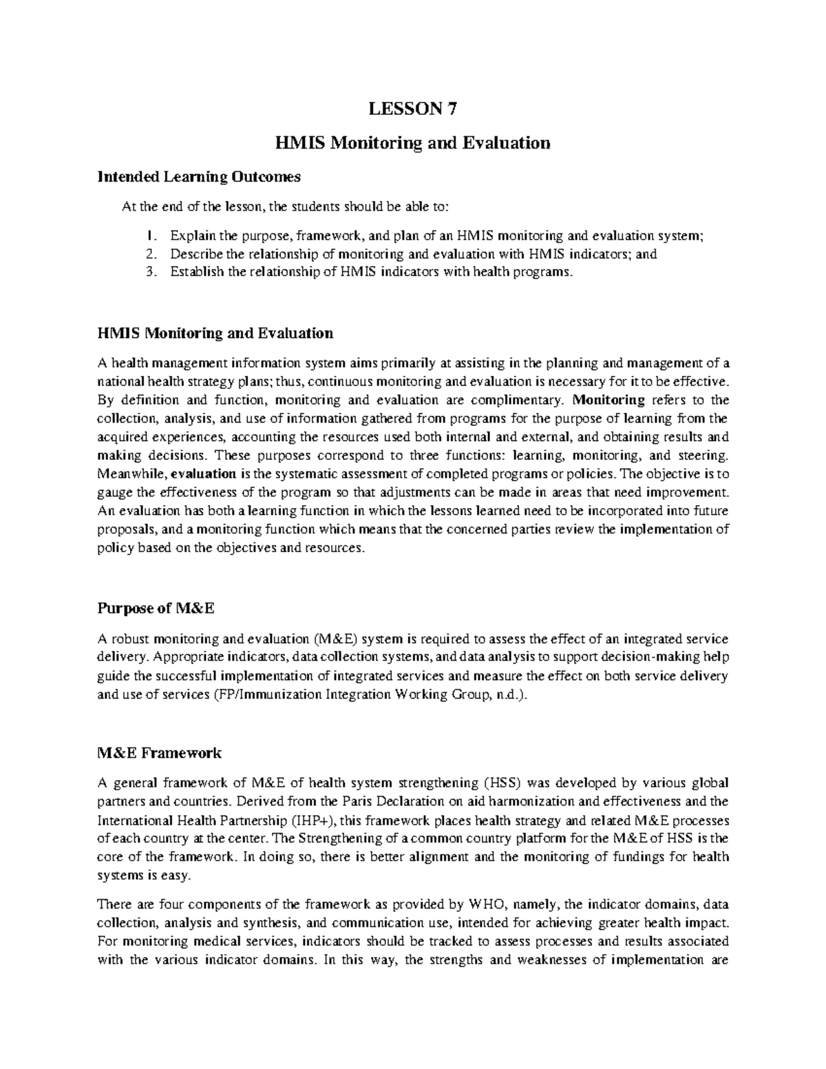 Lesson 7 HMIS Monitoring and Evaluation - LESSON 7 HMIS Monitoring and ...
