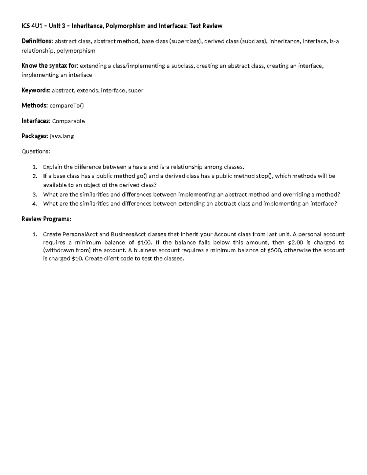 3.6.0 Unit 3 Test Review - PH - ICS 4U1 – Unit 3 – Inheritance ...