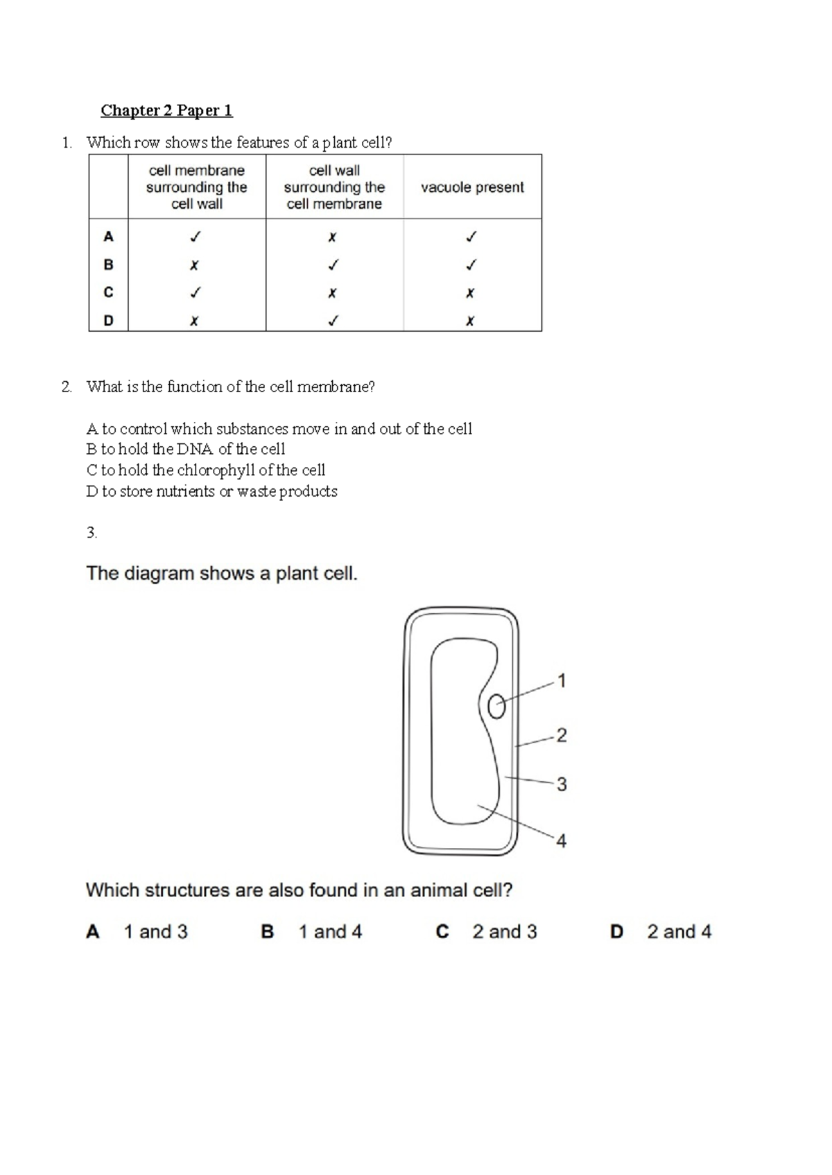 Chapter 2 Questions - Combined Science - Chapter 2 Paper 1 Which row ...