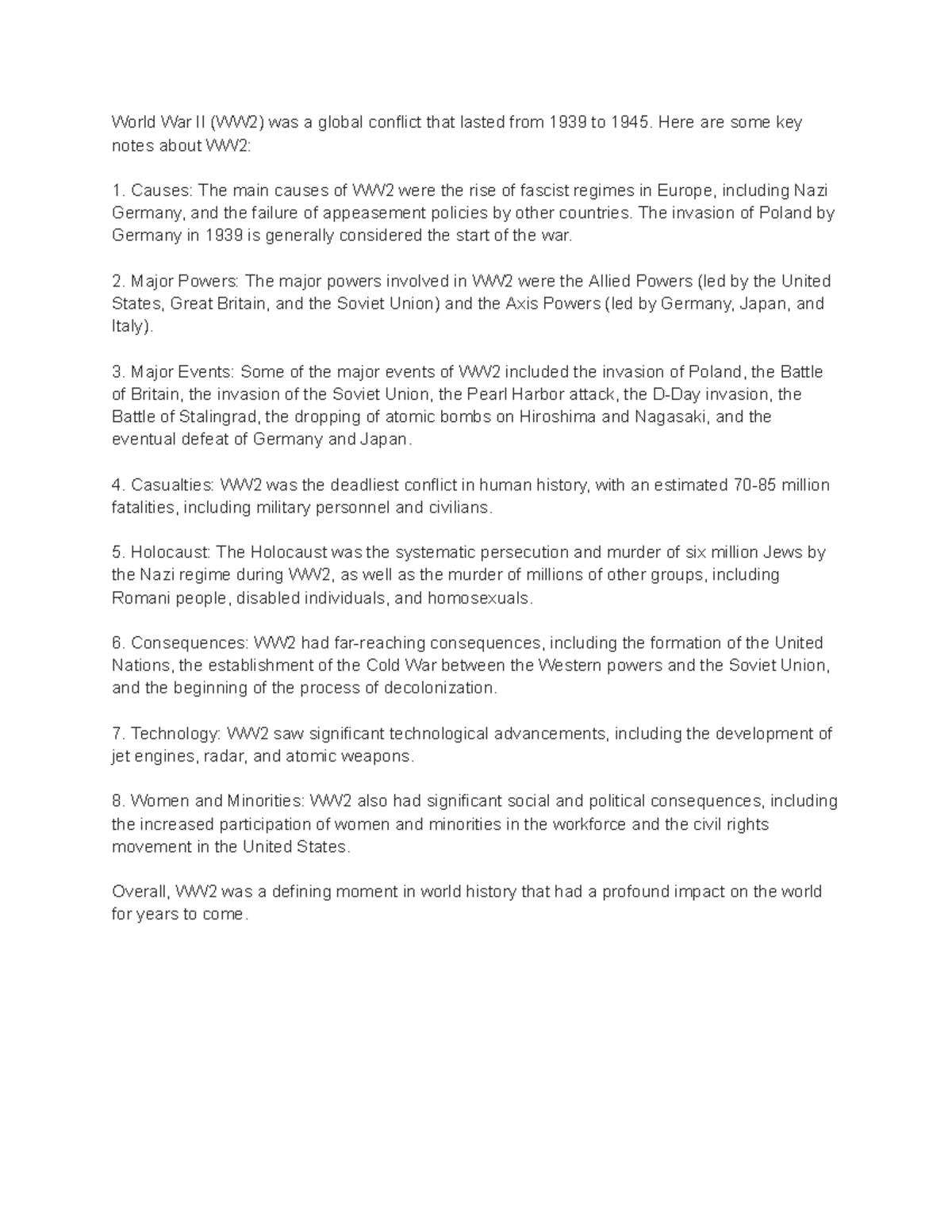 WWII Causes and Events Notes - World War II (WW2) was a global conflict ...