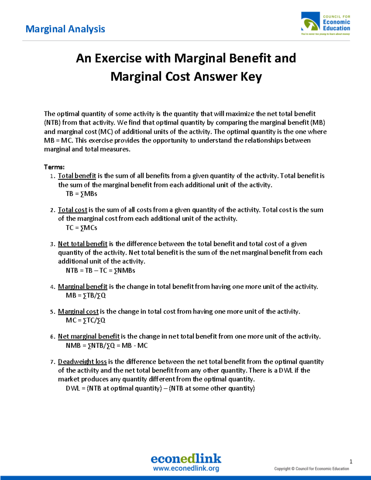 Exercise with MB and MC Answers - An Exercise with Marginal Benefit and ...