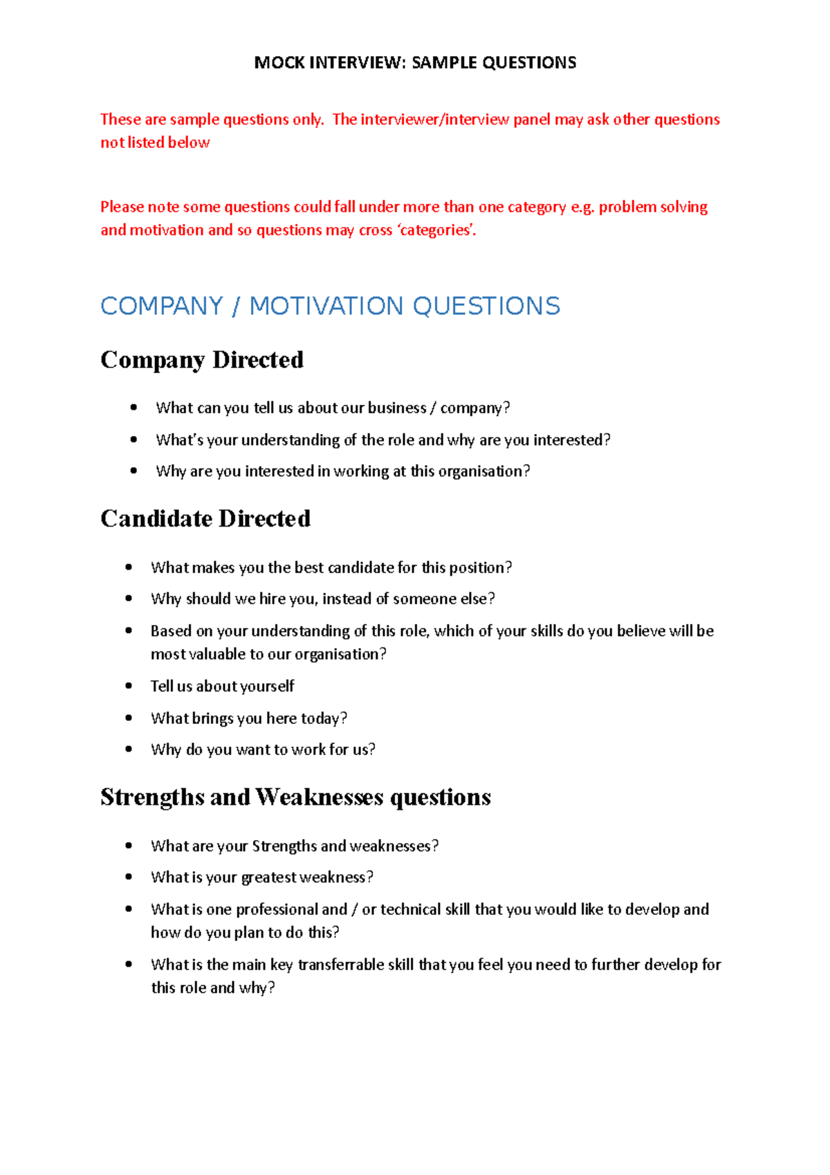 Mock Interview - Sample Questions 1 - These are sample questions only ...