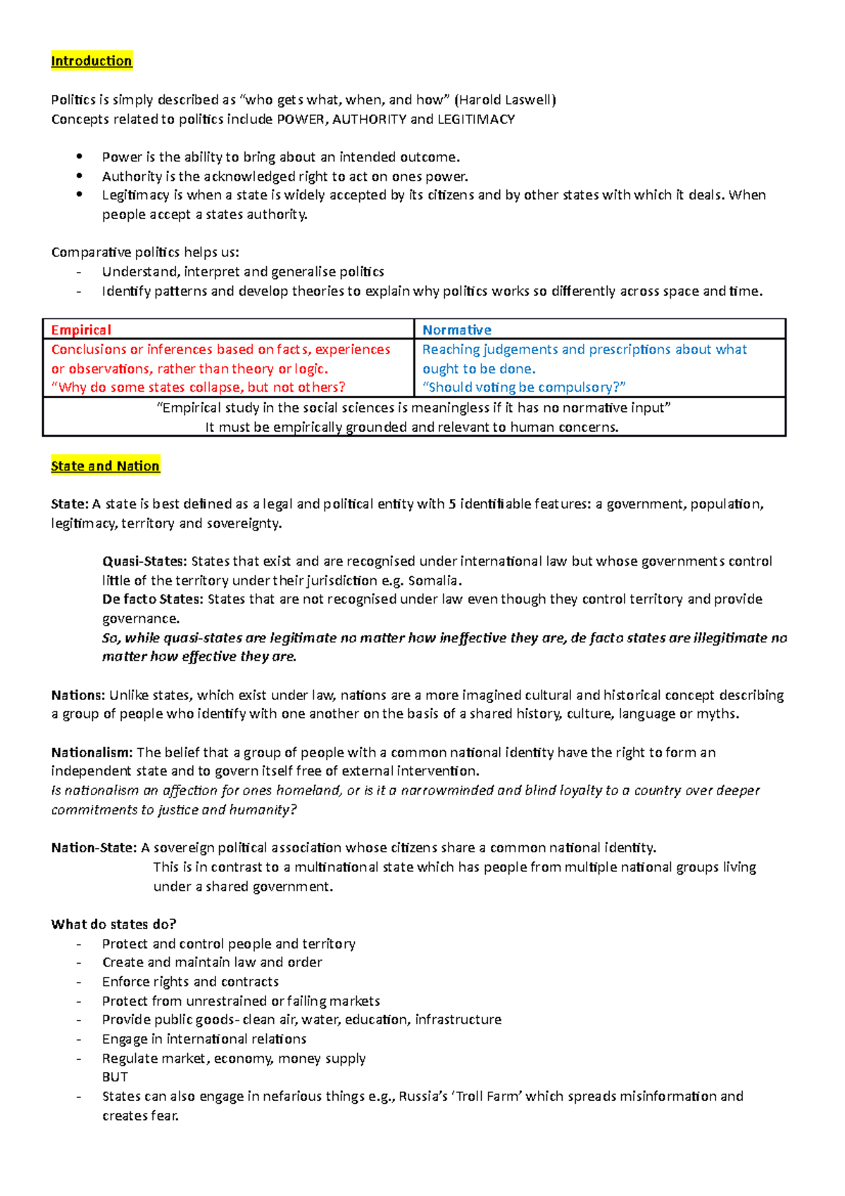 POLS 114 Exam Notes - Introduction Politics is simply described as “who ...