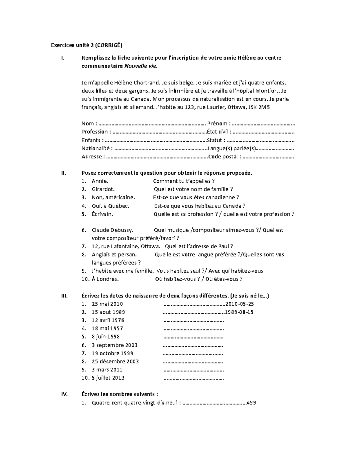 FLS1510 - Devoirs Épisode 2 - Exercices unité 2 (CORRIGÉ) I. Remplissez ...