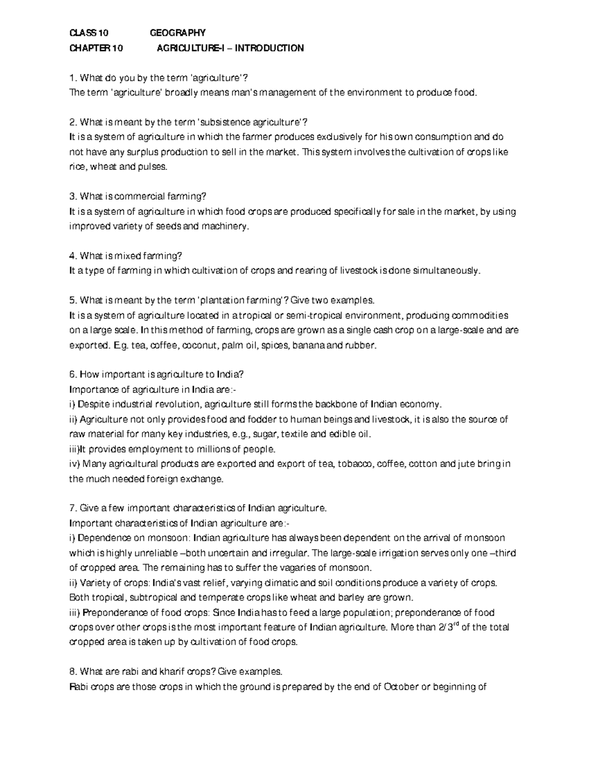 Geography - Class 10 - Chapter 10 - Agriculture I - Introduction ...