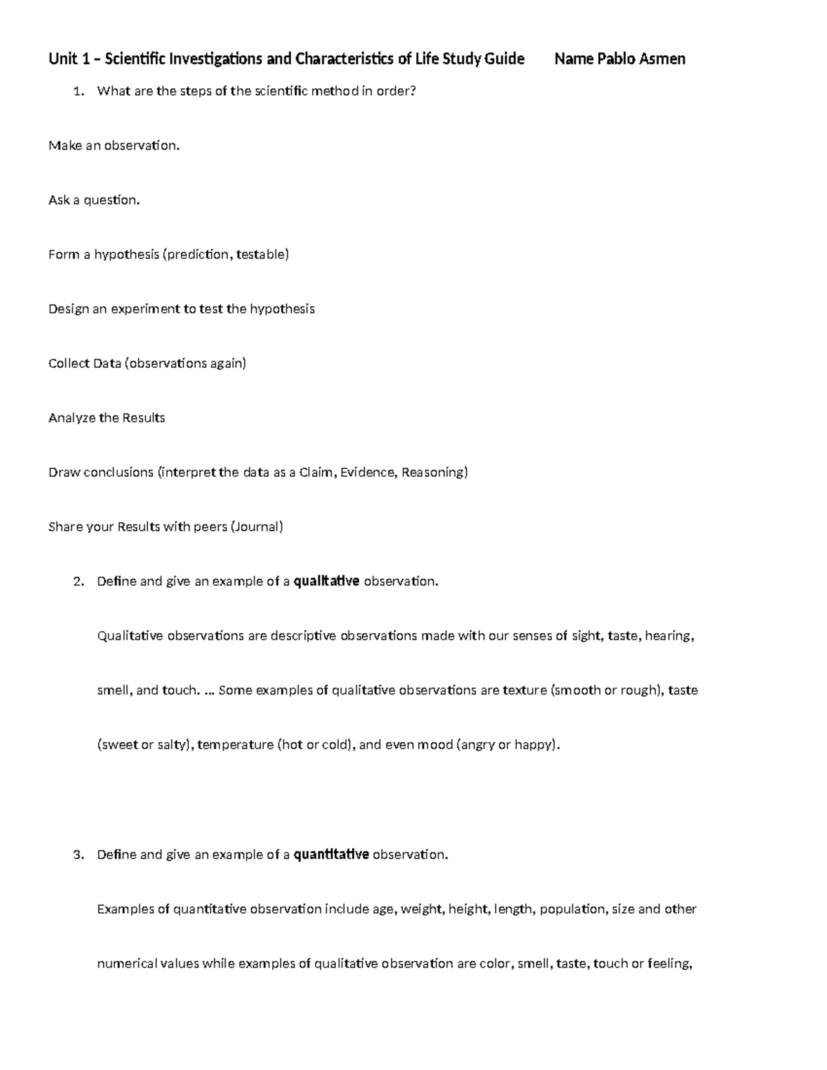 Copy of Unit 1 Study Guide for Test - Unit 1 – Scientific ...