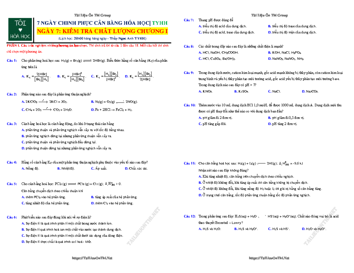 HOÁ HỌC 11 GIỮA KÌ 1 CTM - 7 NGÀY CHINH PHỤC CÂN BẰNG HÓA HỌC| TYHH ...