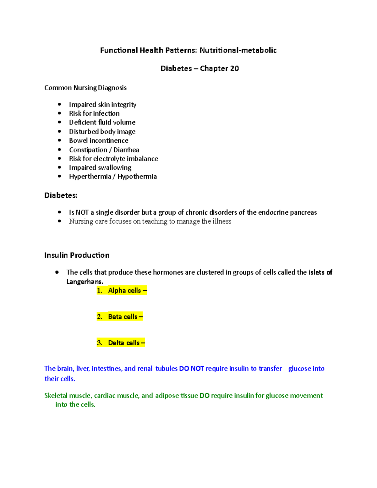 Diabetes guided notes 111 - Functional Health Patterns: Nutritional ...