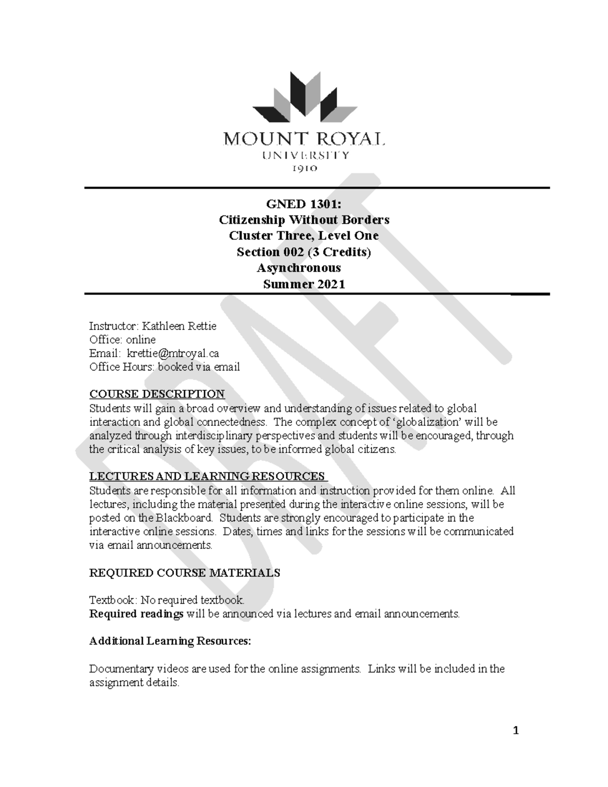 GNED 1301 Course Outline - GNED 1301: Citizenship Without Borders ...