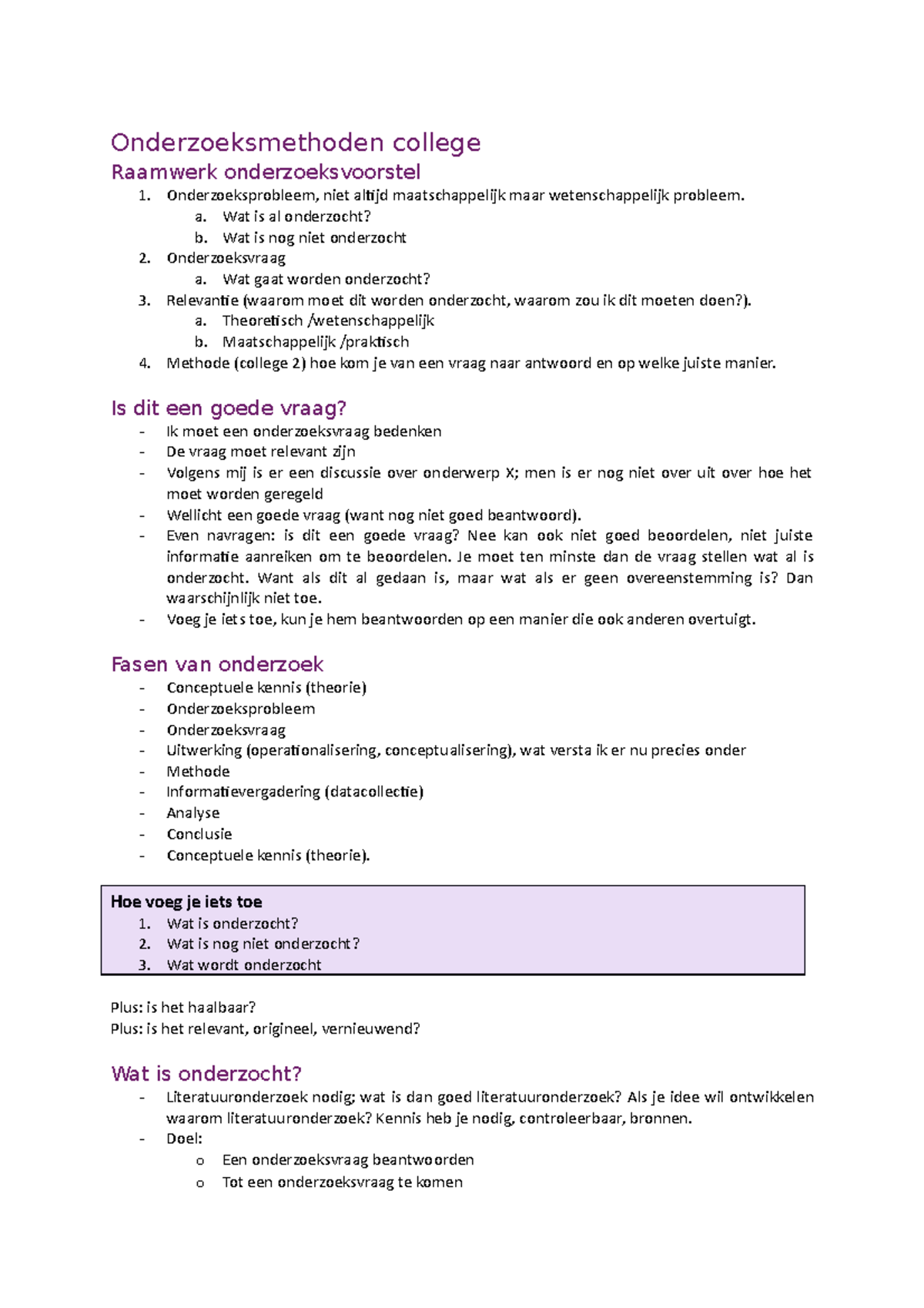 College onderzoeksmethoden - Onderzoeksmethoden college Raamwerk ...