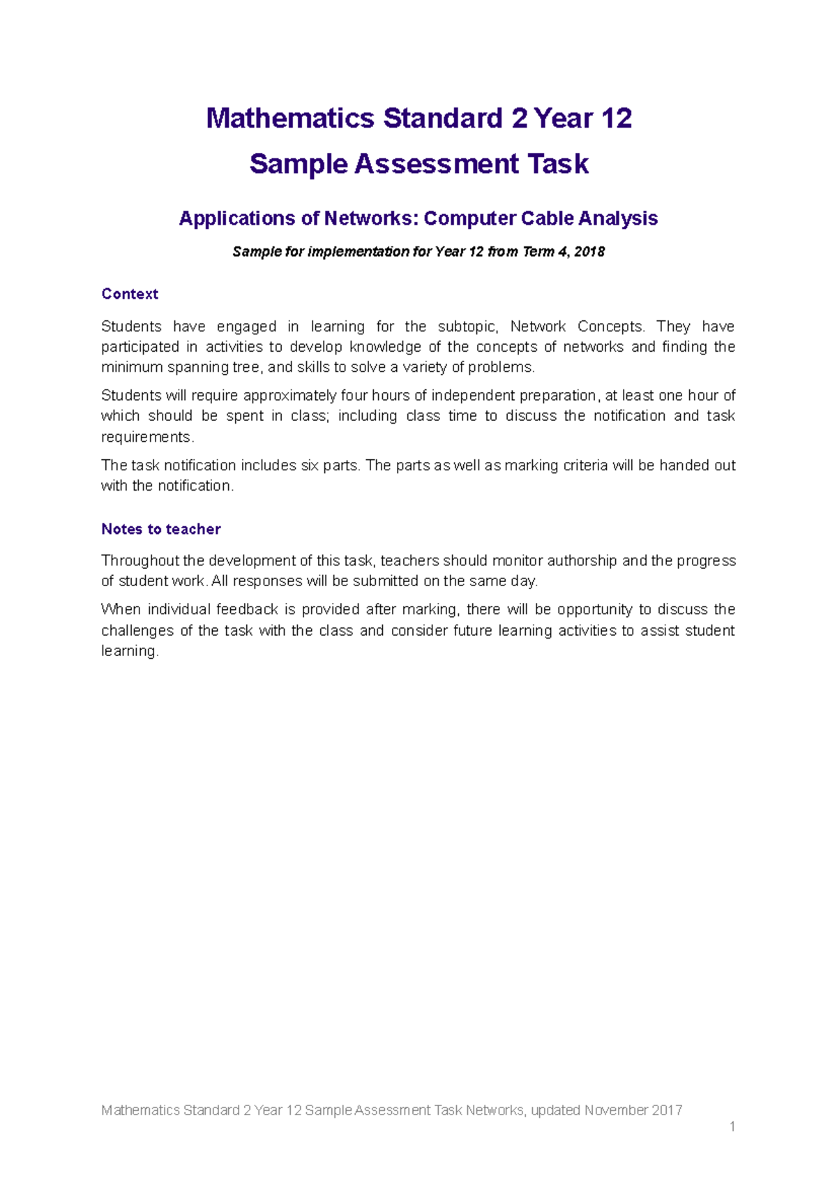 Sample formal assessment task year 12 mathematics standard 2 networks ...