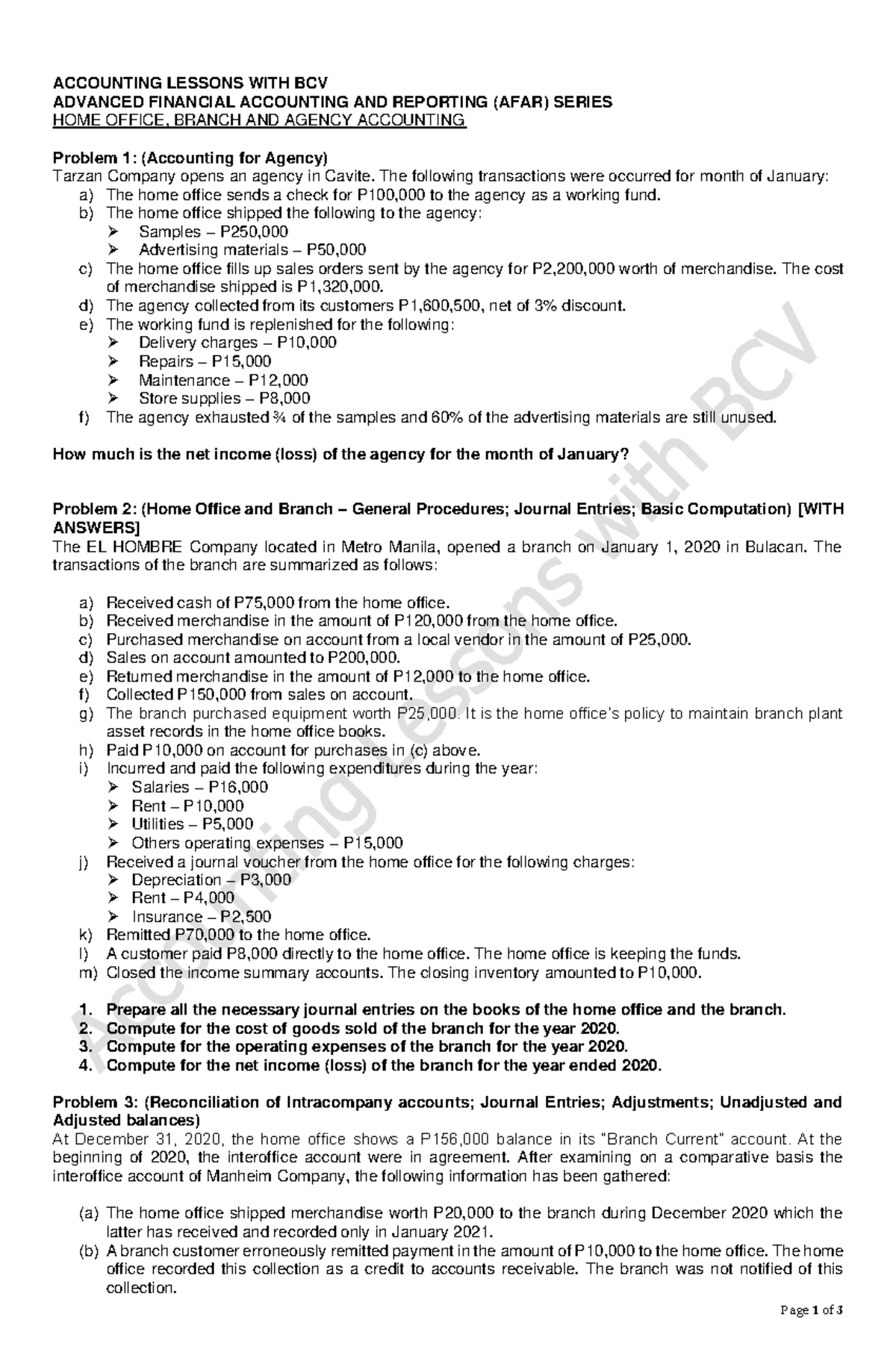 Home Office, Branch, and Agency Accounting Handout - Page 1 of 3 ...