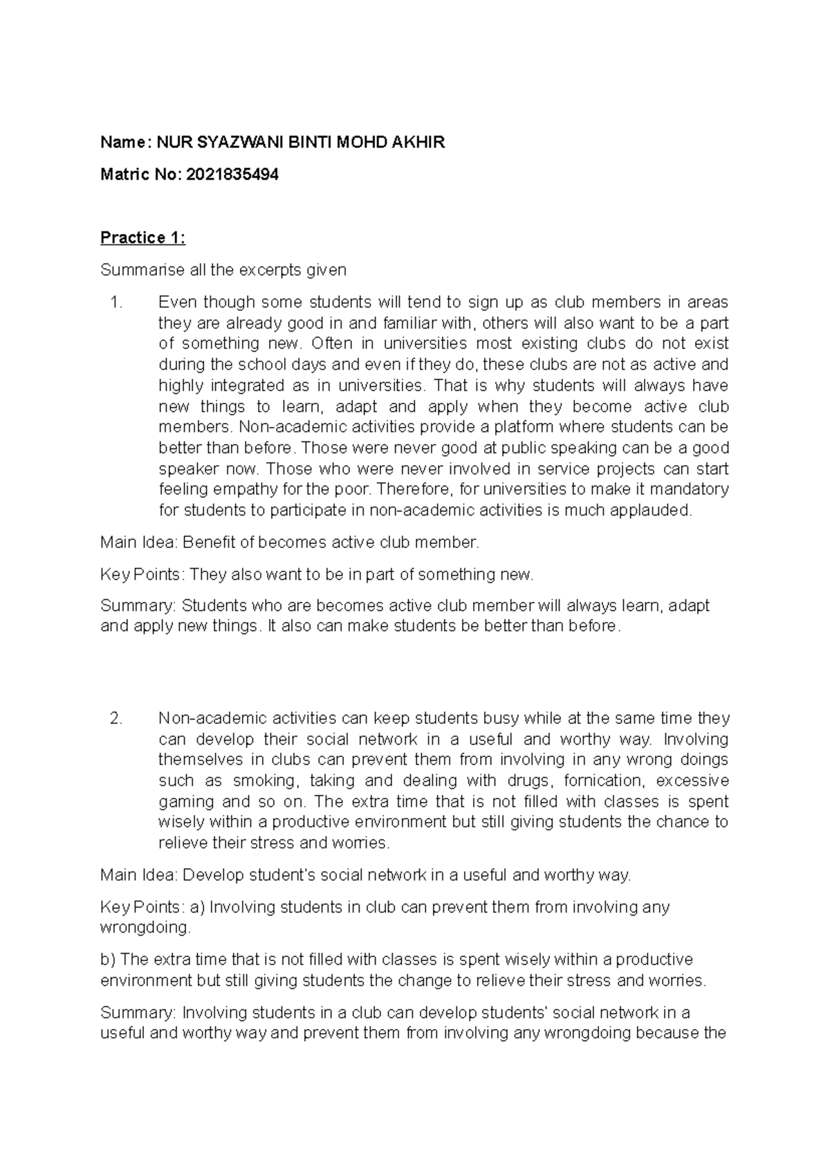 Main Idea & Summary Practice 2 - Name: NUR SYAZWANI BINTI MOHD AKHIR ...