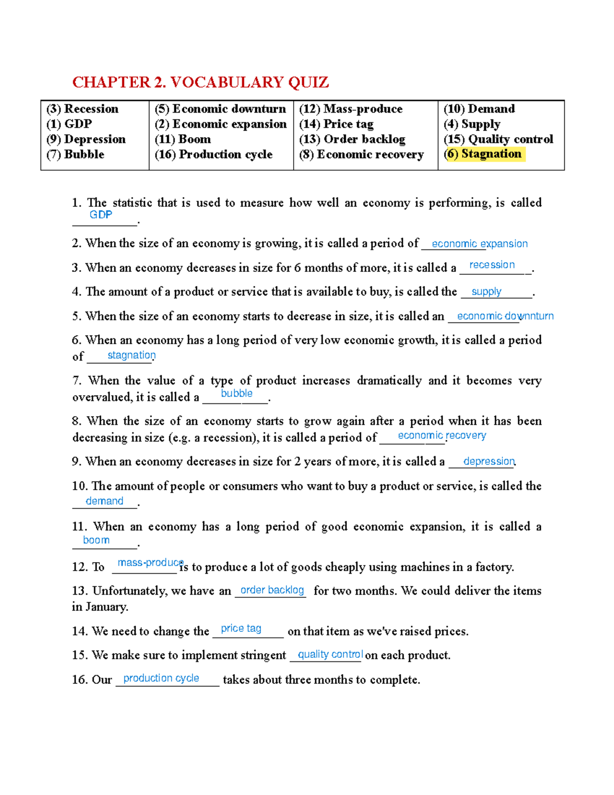 Chapter 2. Lesson 2. KEY - CHAPTER 2. VOCABULARY QUIZ (3) Recession (1 ...
