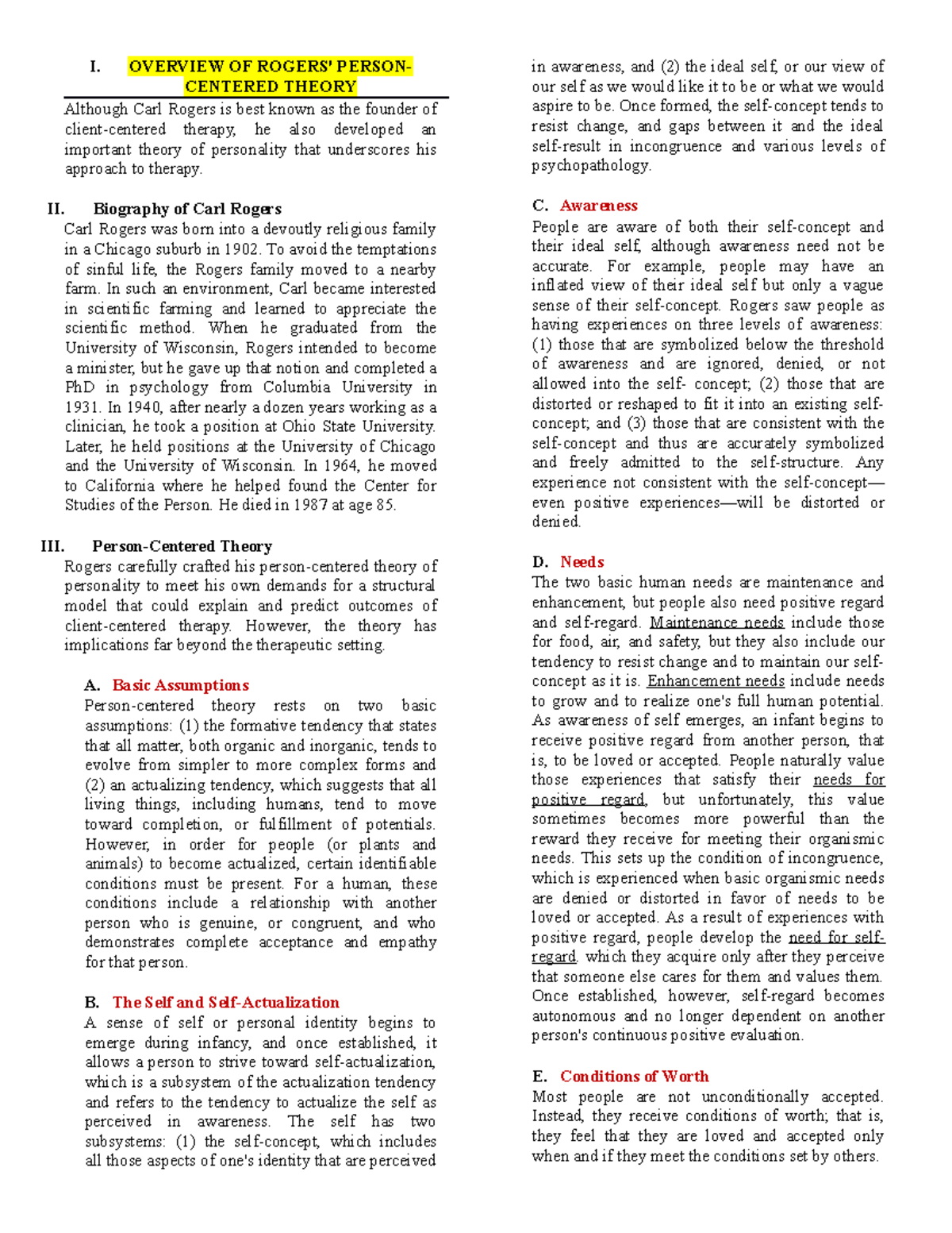 Overview OF Rogers' Person- Centered Theory Notes - I. OVERVIEW OF ...