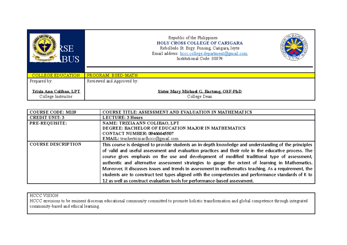 Syllabus Assessment AND Evaluation - COURSE SYLLABUS Republic of the ...