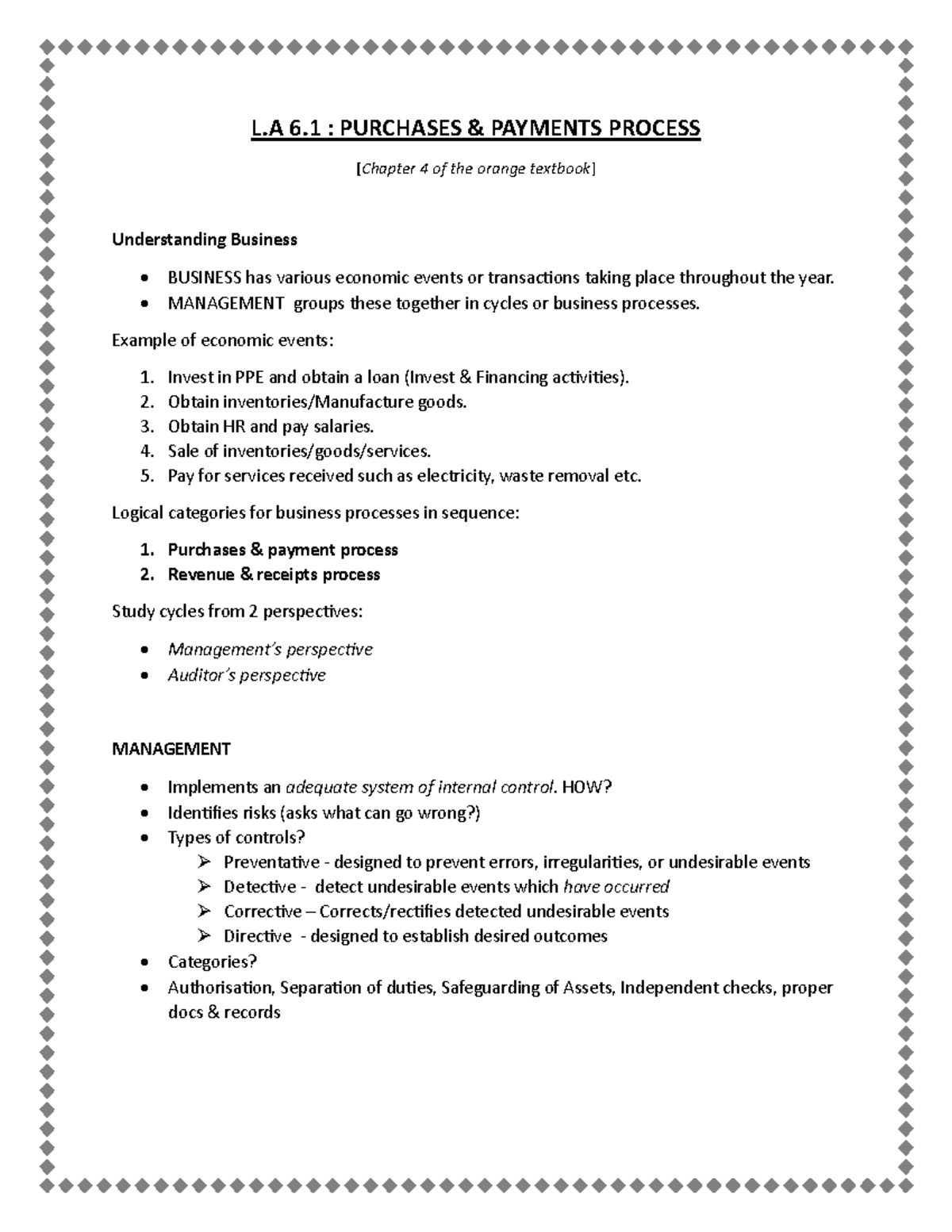 IAU 200 L.A 6 - Summary Internal Auditing - L 6 : PURCHASES & PAYMENTS ...