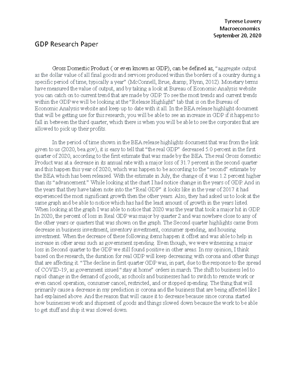 GDP Research Paper - NOTES - Tyreese Lowery Macroeconomics September 20 ...