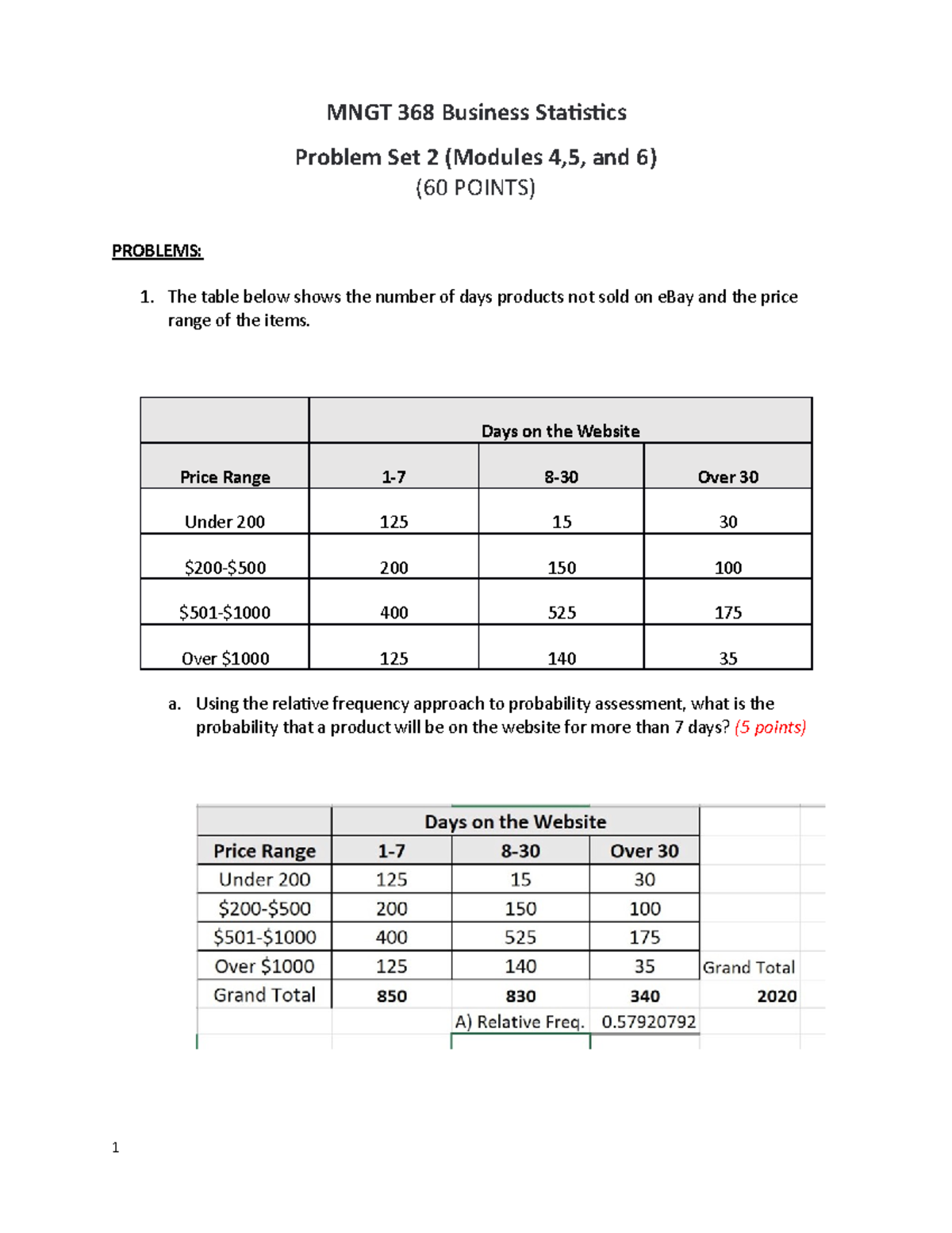 Assignment probability assignment - MNGT 368 Business Statistics ...