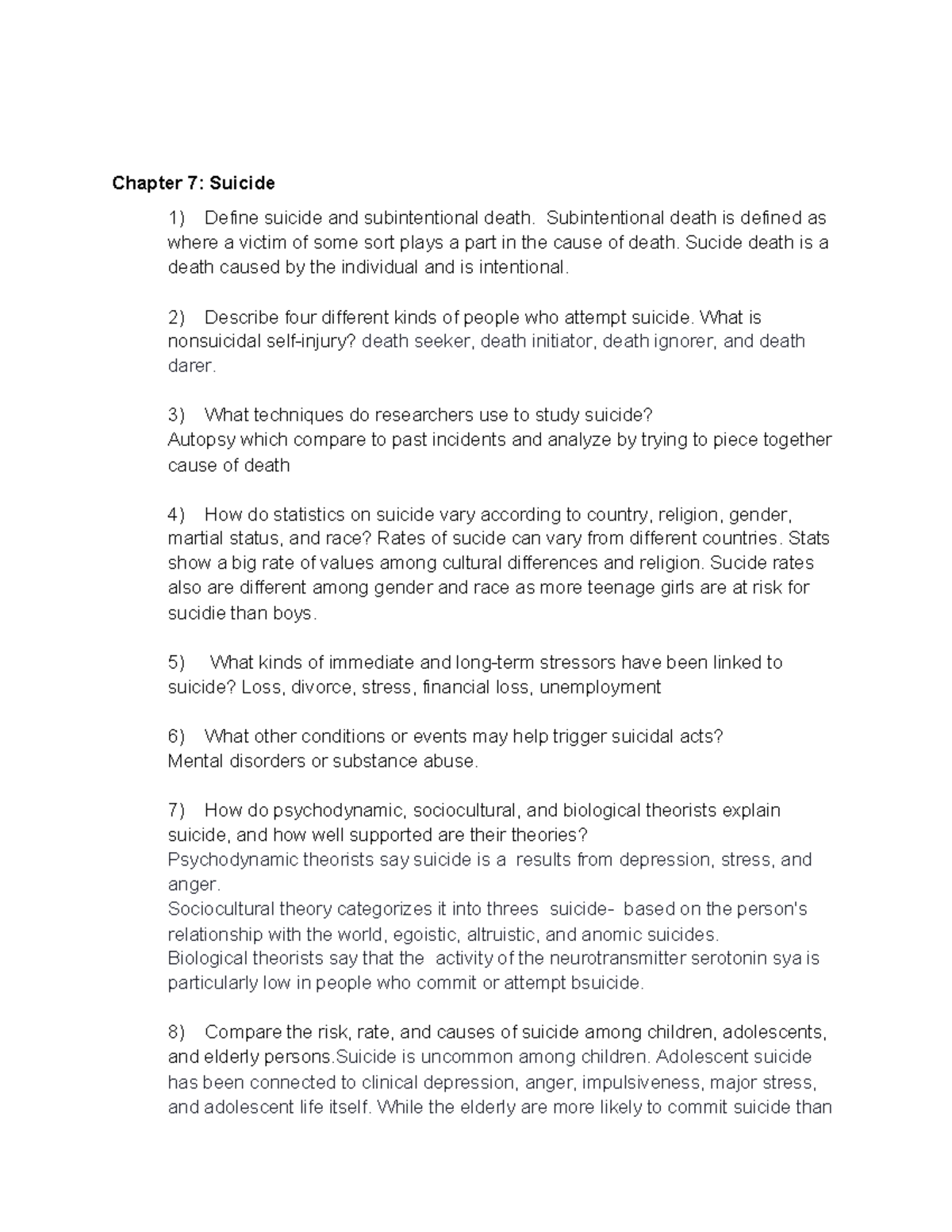 Chapter 7 Suicide - Chapter 7: Suicide Define suicide and ...