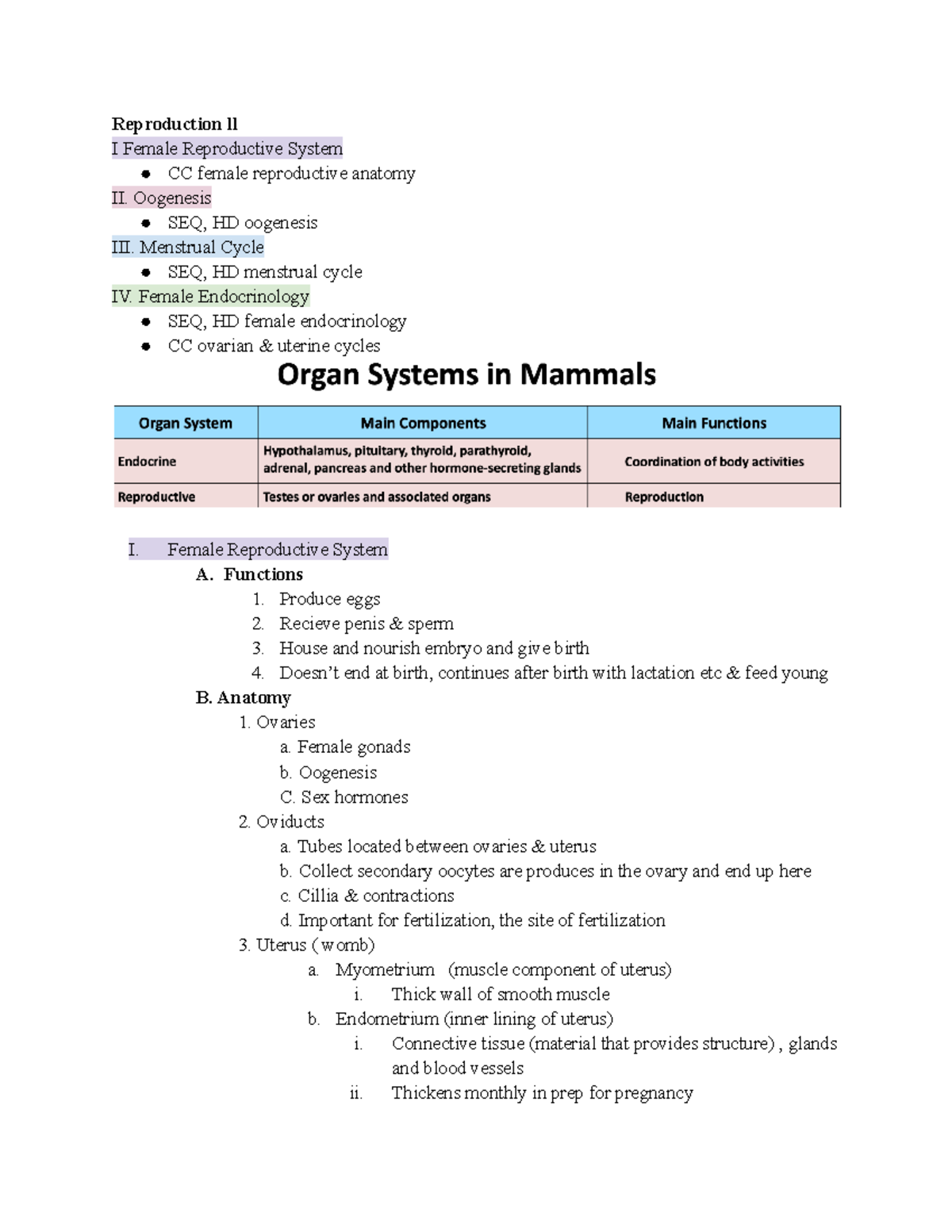 GB2 L12 - Gen Bio 2, Lecture 12 notes - Reproduction ll I Female ...