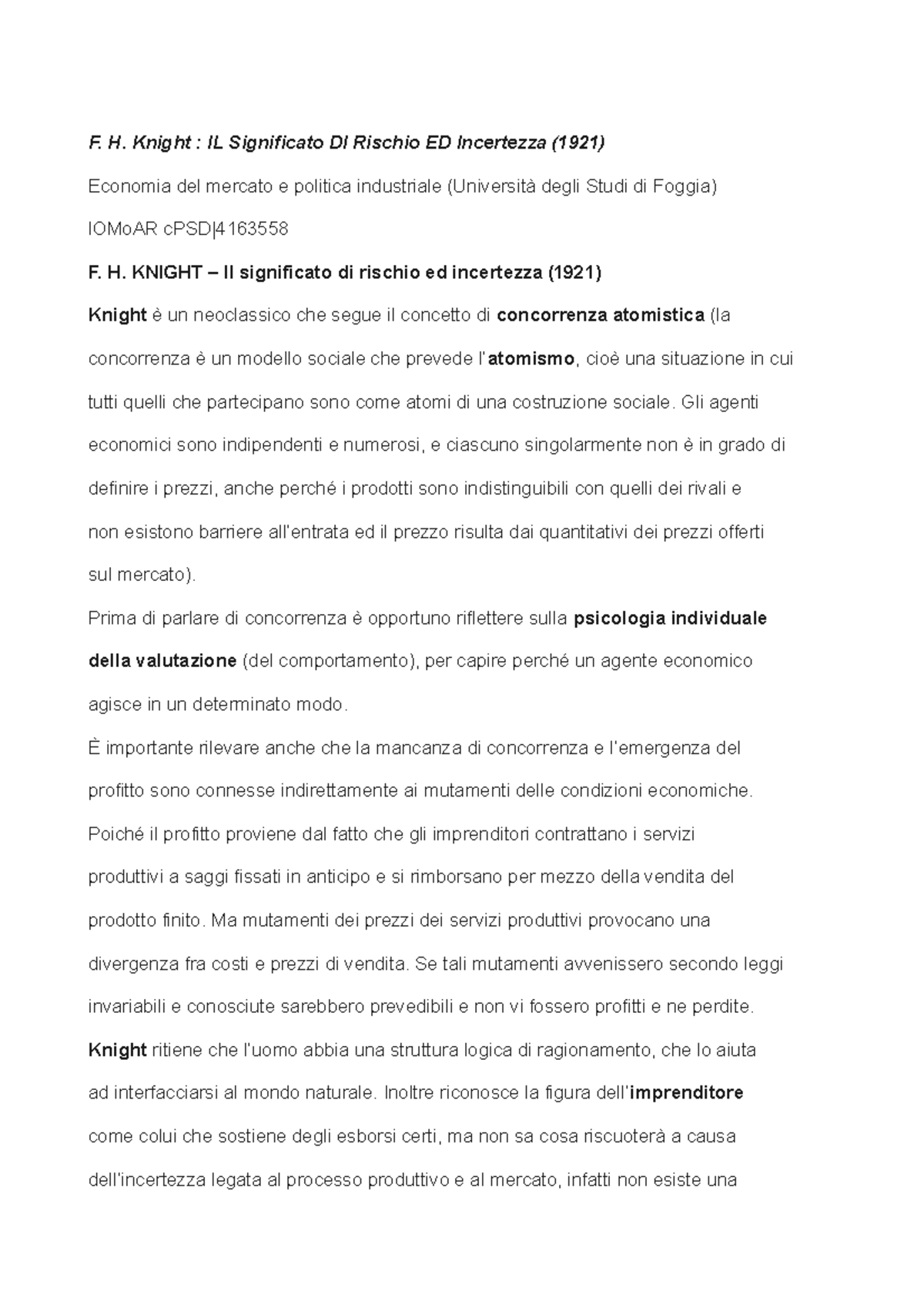 Knight - F. H. Knight : IL Significato DI Rischio ED Incertezza (1921 ...