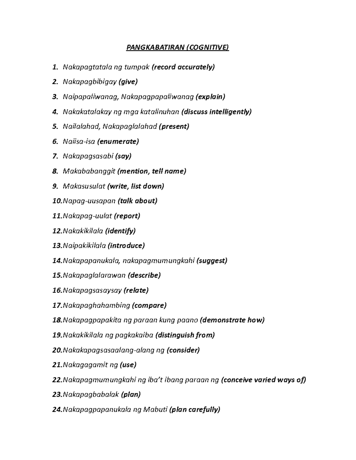 LP Layunin Objectives - PANGKABATIRAN (COGNITIVE) Nakapagtatala ng ...