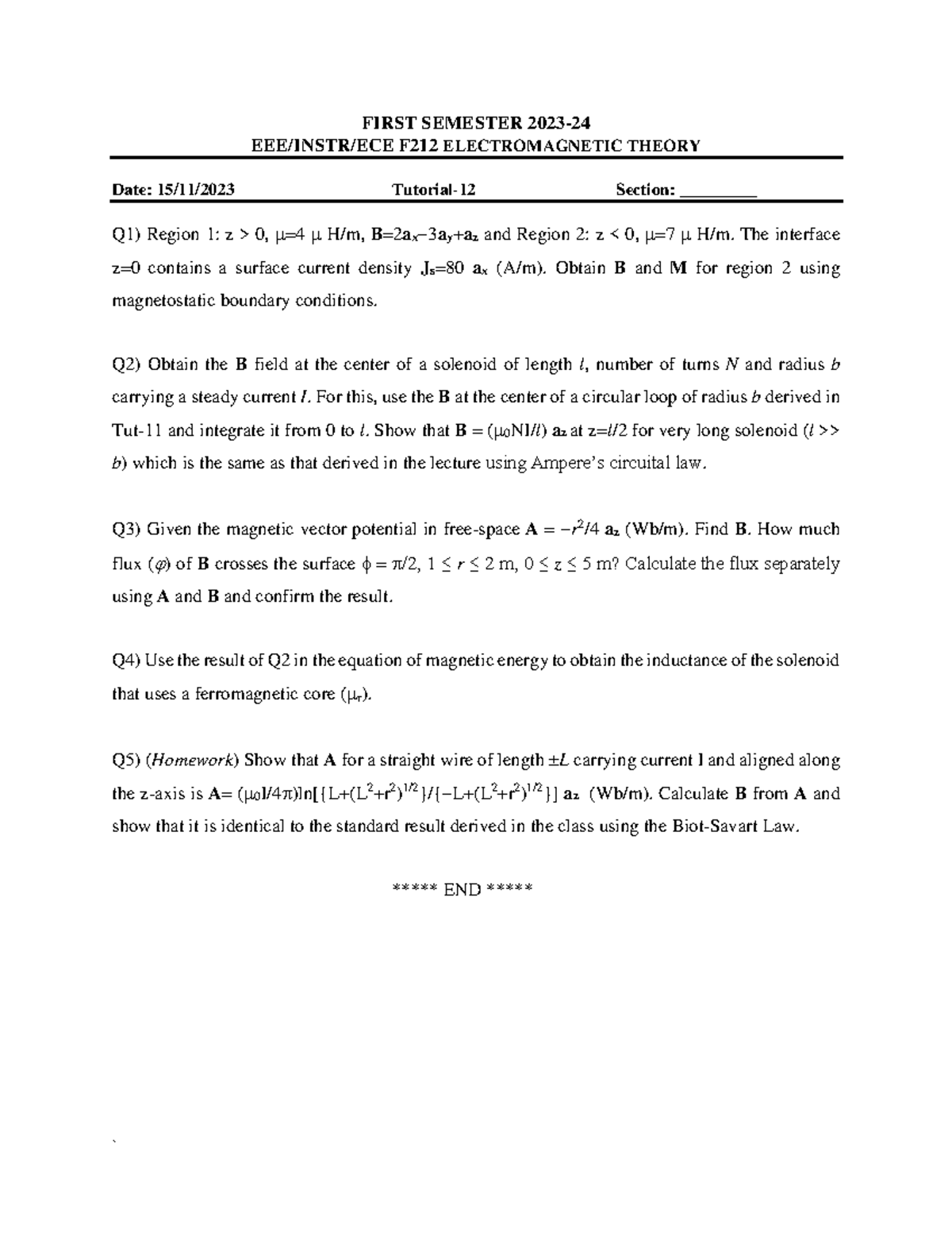 Tut12 15-11-23 - tut 12 - ` FIRST SEMESTER 2023- 24 EEE/INSTR/ECE F212 ...