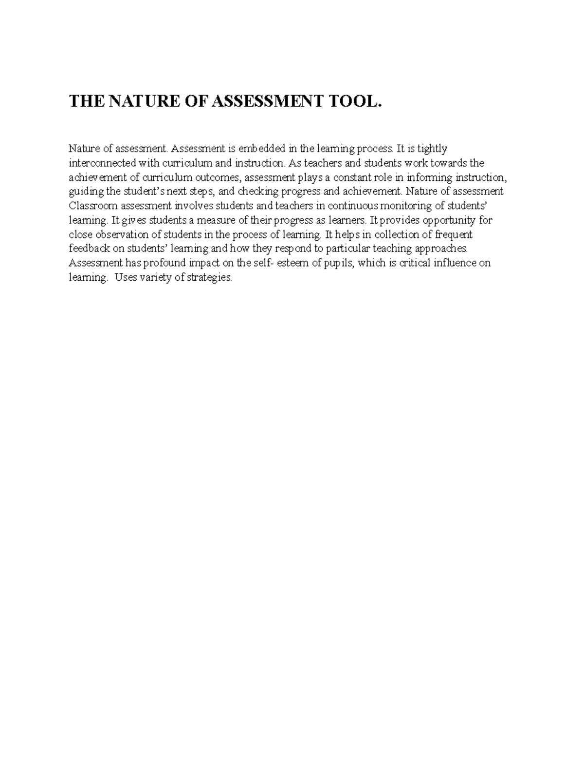 THE Nature OF Assessment TOOL - THE NATURE OF ASSESSMENT TOOL. Nature ...