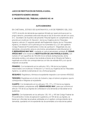 Demanda Agraria - C. MAGISTRADO DEL TRIBUNAL UNITARIO AGRARIO DEL ...