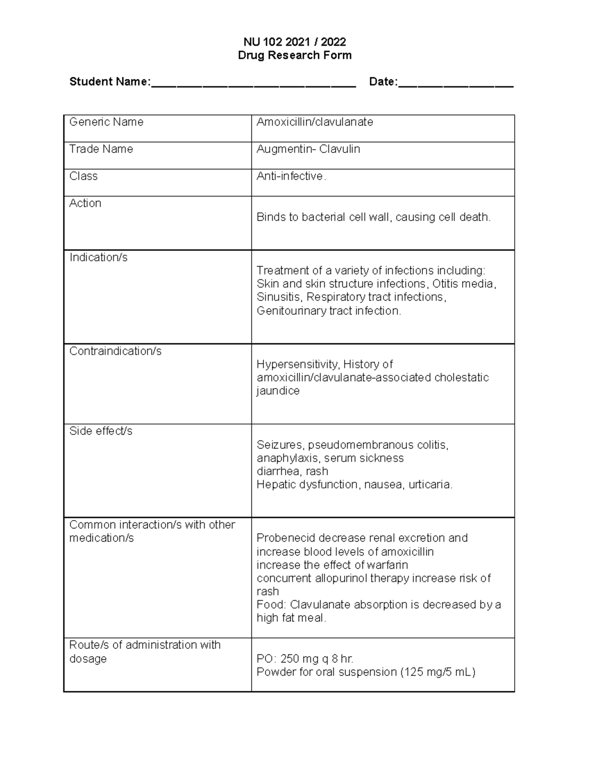Amoxicline - mcccckkk - Drug Research Form Student Name
