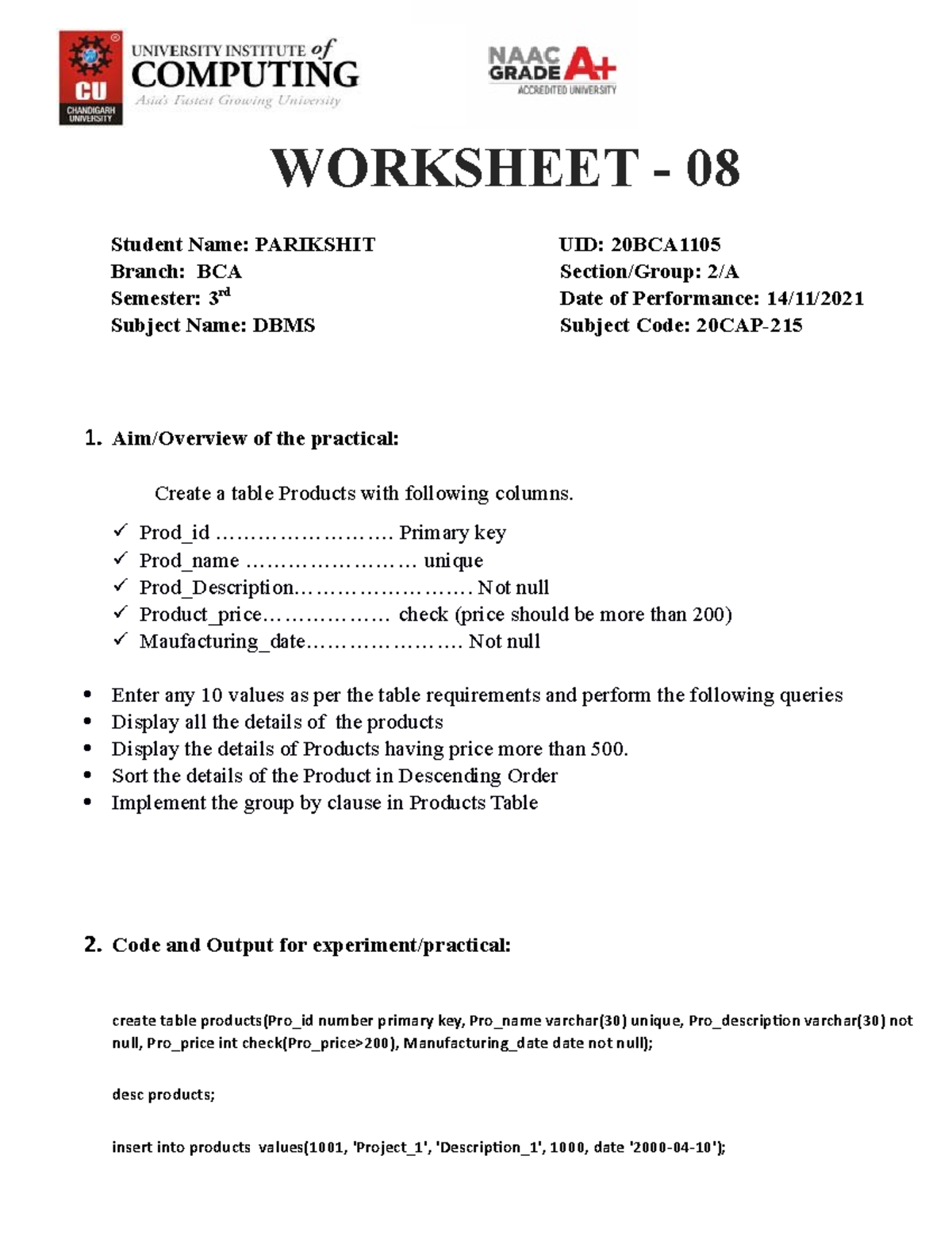 20bca1105 DBMS EXP 8 - WORKSHEET - 08 Student Name: PARIKSHIT UID ...