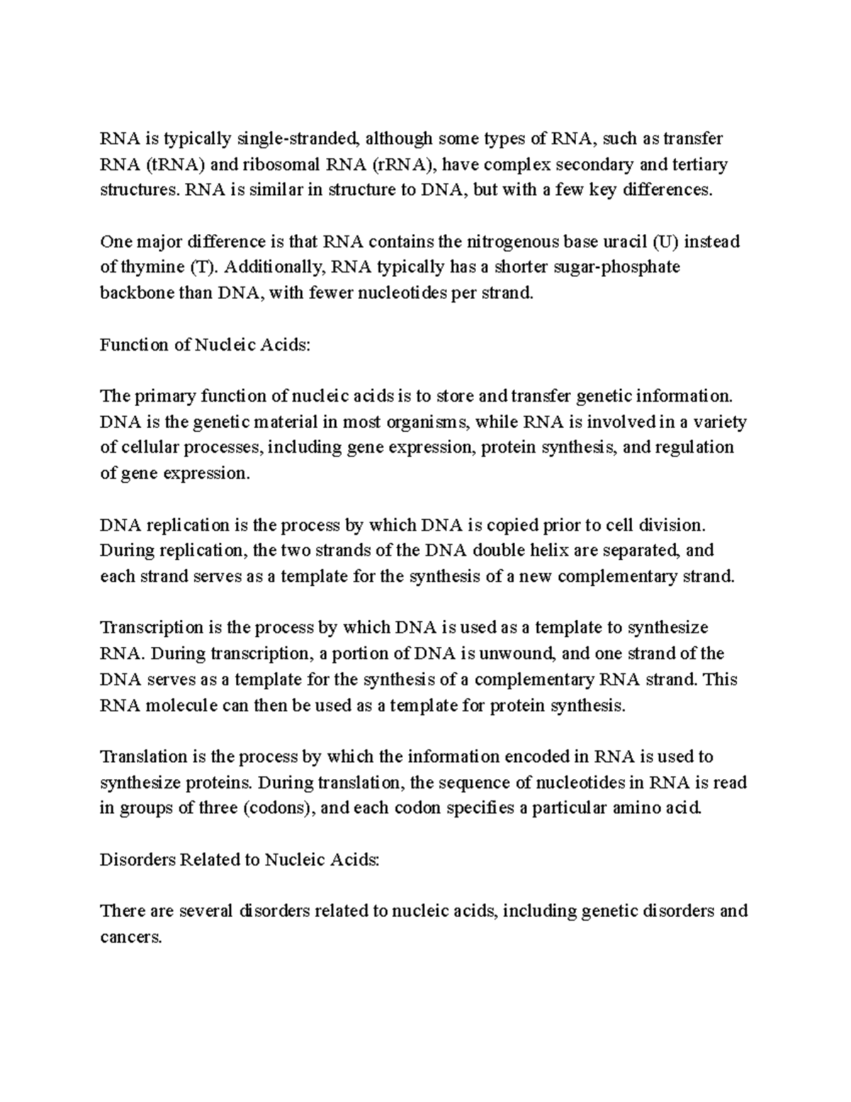 Nucleic acids Notes 2- Google Docs - RNA is typically single-stranded ...
