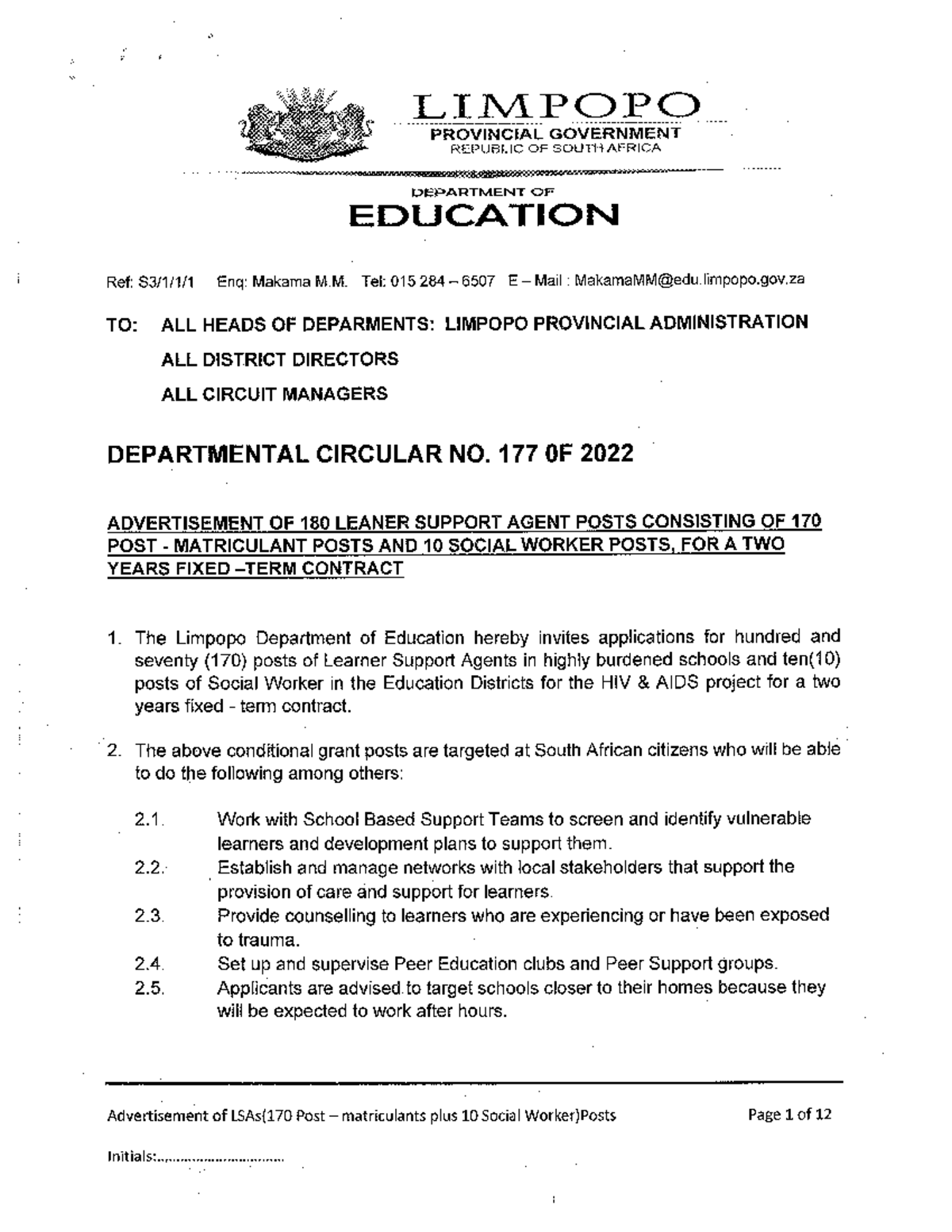 Circular No.177 of 2022-Advertisement of 180 learner support agent ...