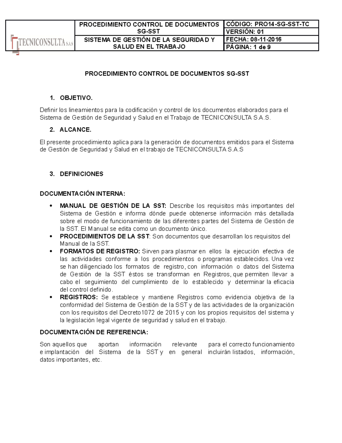 Procedimiento Control DE Documentos ok - SG-SST VERSIÓN: 01 SISTEMA DE GESTIÓN DE LA SEGURIDAD Y ...