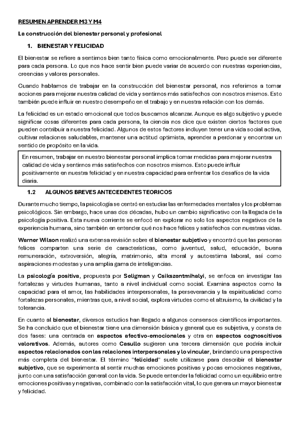 Resumen M3 Y M4 Aprender - RESUMEN APRENDER M3 Y M La construcción del bienestar personal y ...