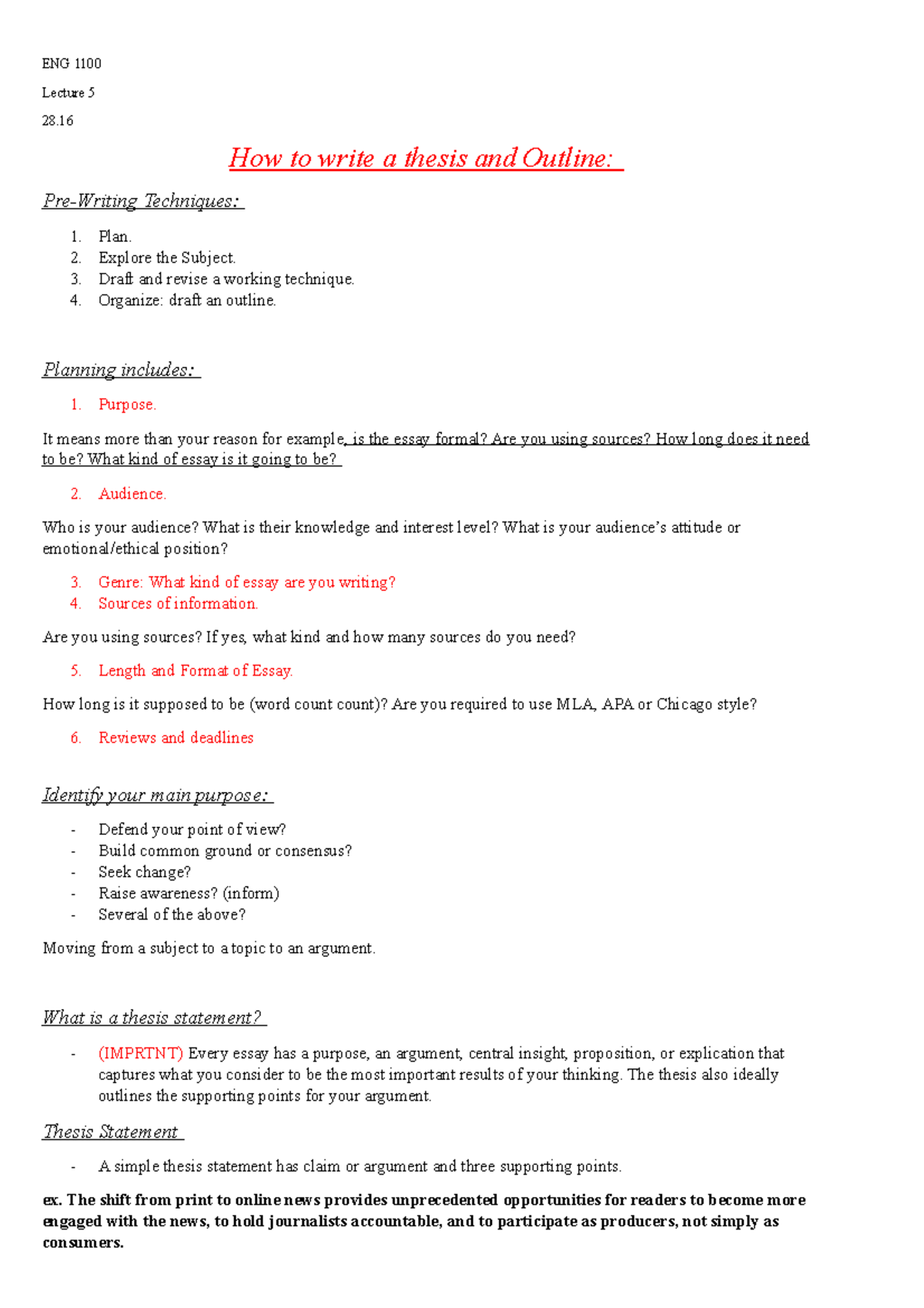 Module 5 Notes. - ENG 1100 Lecture 5 How to write a thesis and Outline ...
