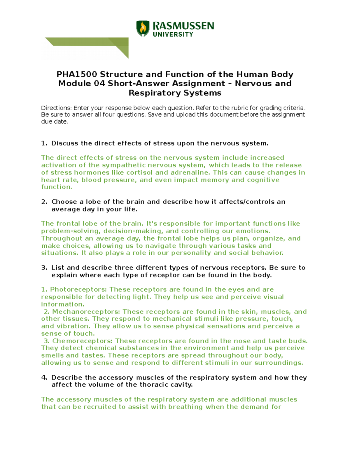 PHA1500 Short Answer Assignment Module 04 - PHA1500 Structure and ...