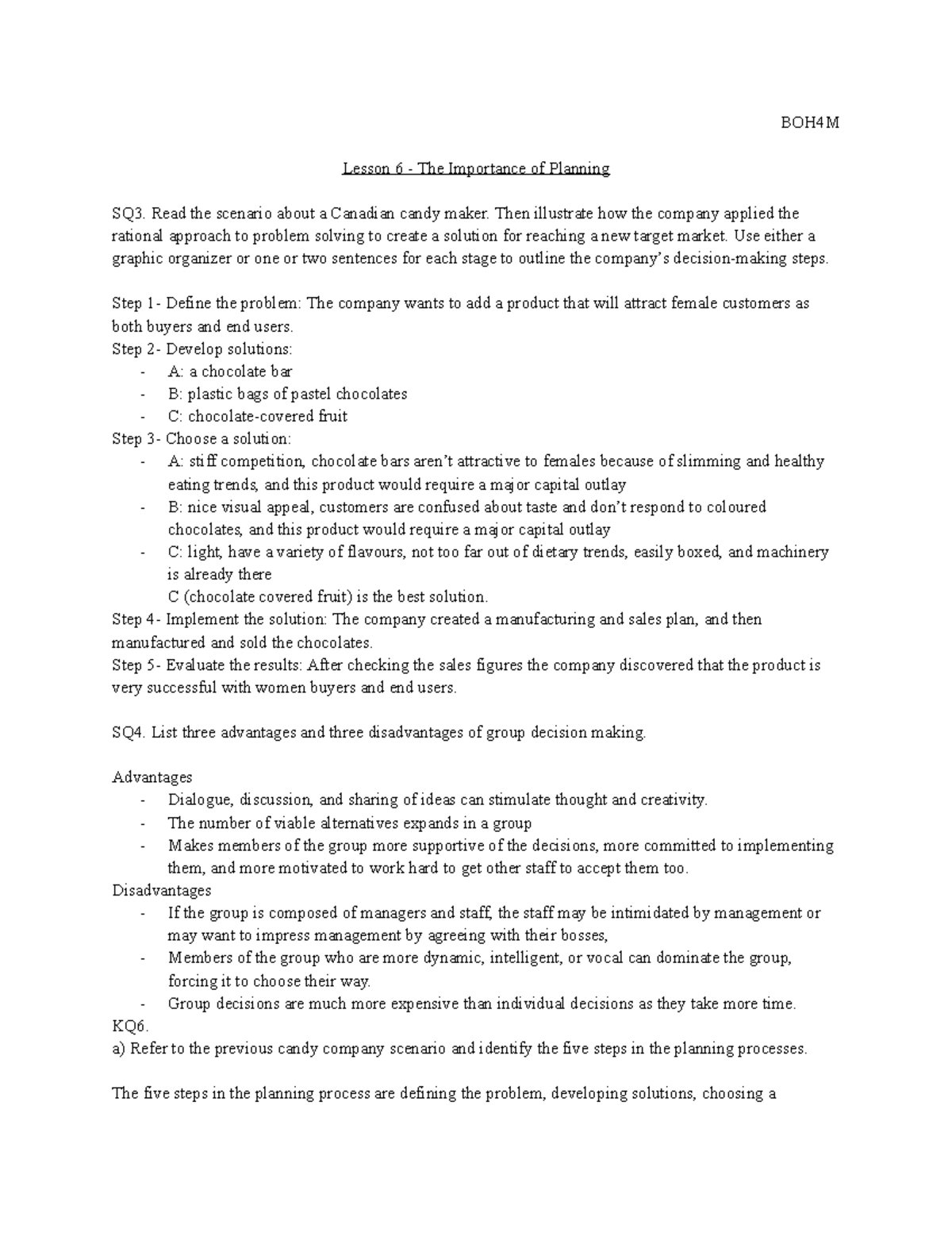Lesson 6 - The Importance of Planning - BOH4M Lesson 6 - The Importance ...
